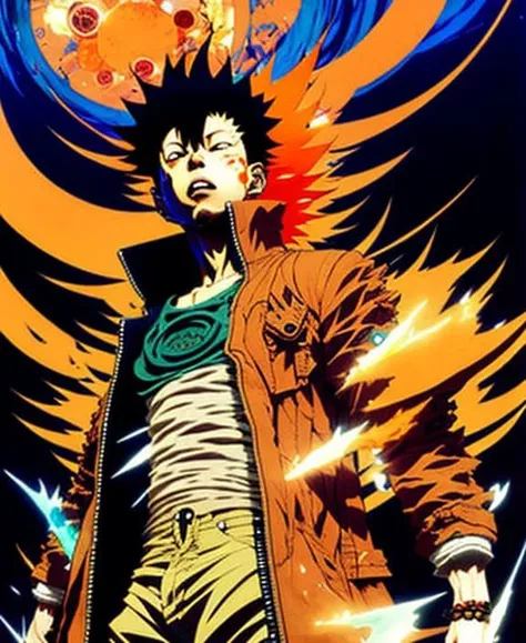 tetsuo from akira, orange spike aura in motion, damaged japanese clothes, floating pieces ...