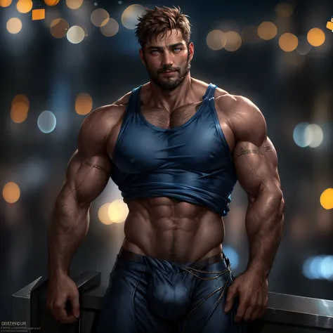 obra maestra, Mejor calidad, primer plano usado, guapo papi desaliñado sin camisa, (bokeh ...