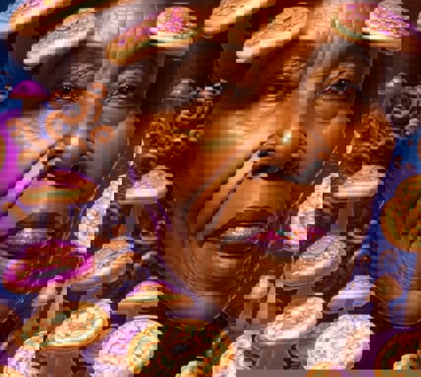 A close up of a woman with a hat and many cookies on her head - SeaArt AI