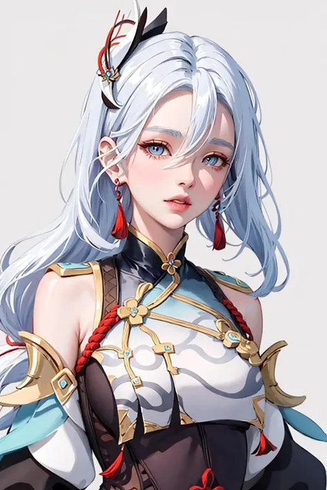 shenhe(genshin impact), tassel, hair over one eye, 1girl, tassel ...