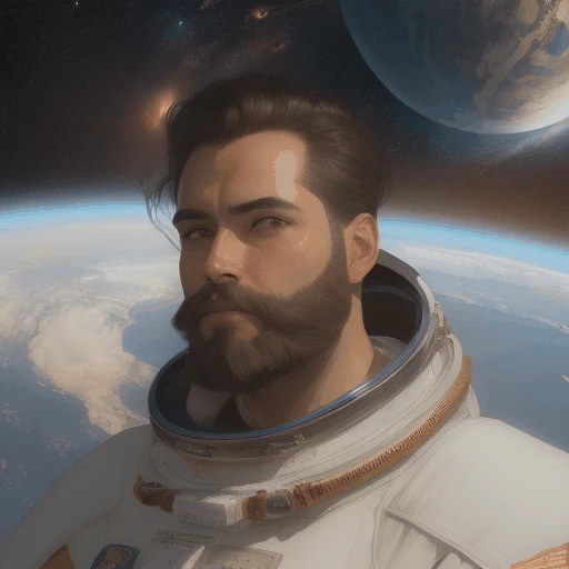 A close up of a man in a space suit with a planet in the background ...