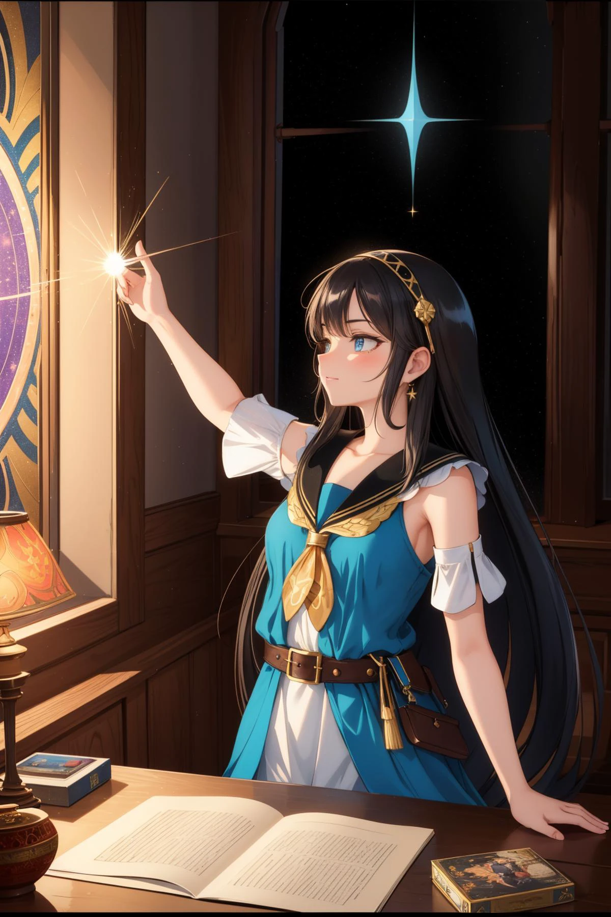 Anime girl in blue dress holding a wand and looking at a clock - SeaArt AI