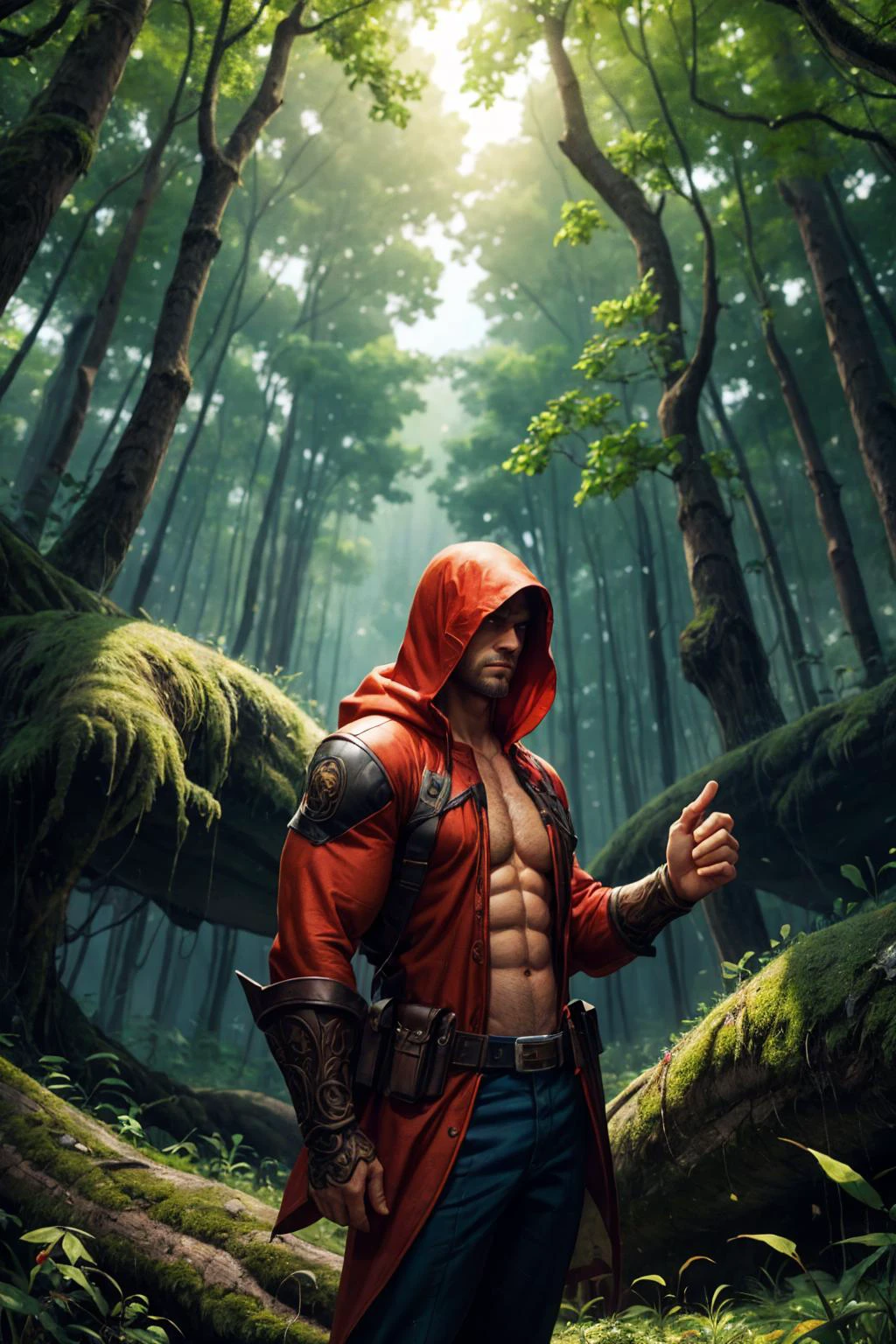 man in red Hood in front of magnificent gnarled ancient meandering tree ...
