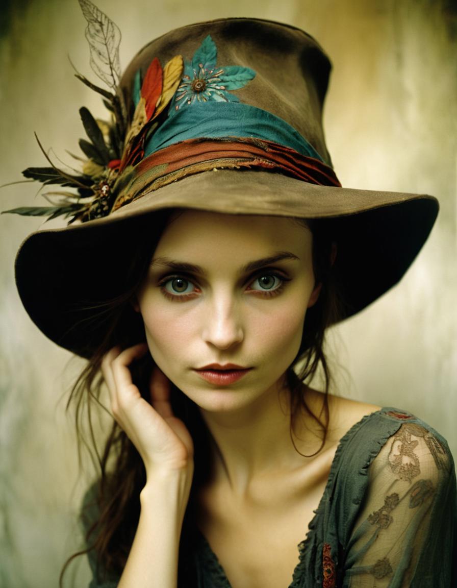 A close up of a woman wearing a hat with feathers on it - SeaArt AI
