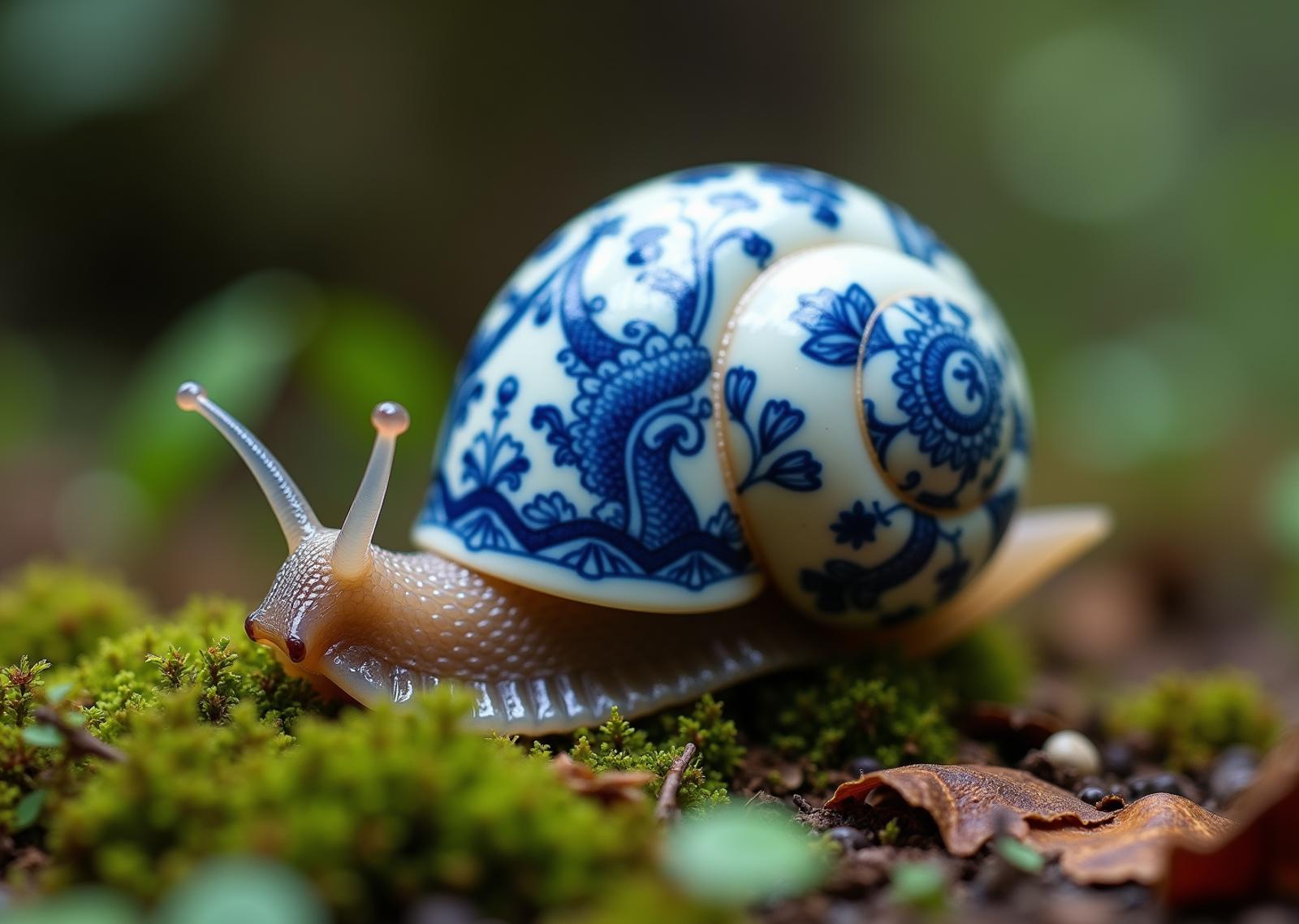 A close-up photo of a snail with a delicate porcelain shell designed in ...