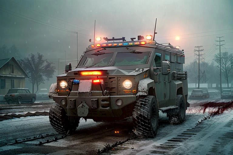 analog gloomy photo of a SWAT lenco bearcat armored car, ((zombie ...