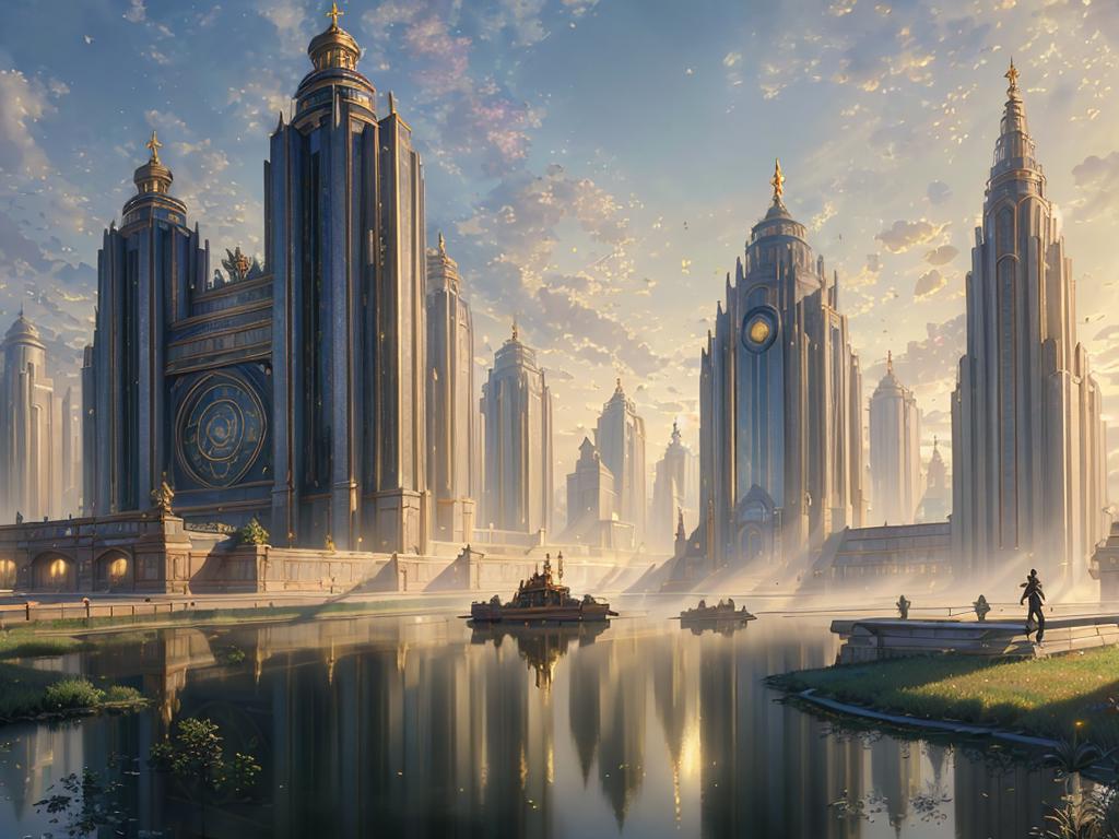 Arafed city with a clock tower and a river in the foreground - SeaArt AI