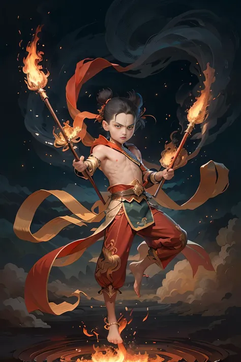 A young boy with a sword and fire in his hand - SeaArt AI