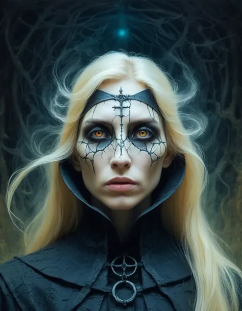 medium shot, portrait painting , dystopian surrealism, corrupted witch ...