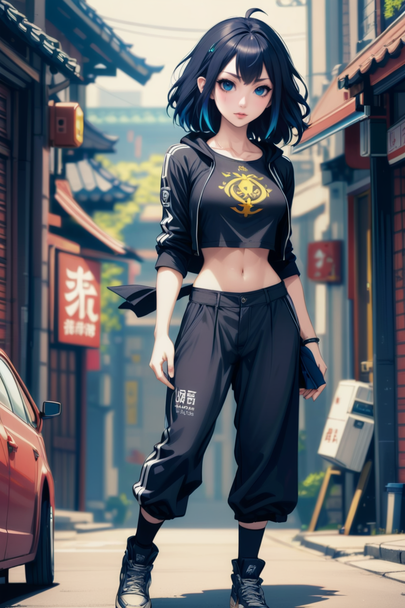 A woman in a black top and pants standing on a street - SeaArt AI