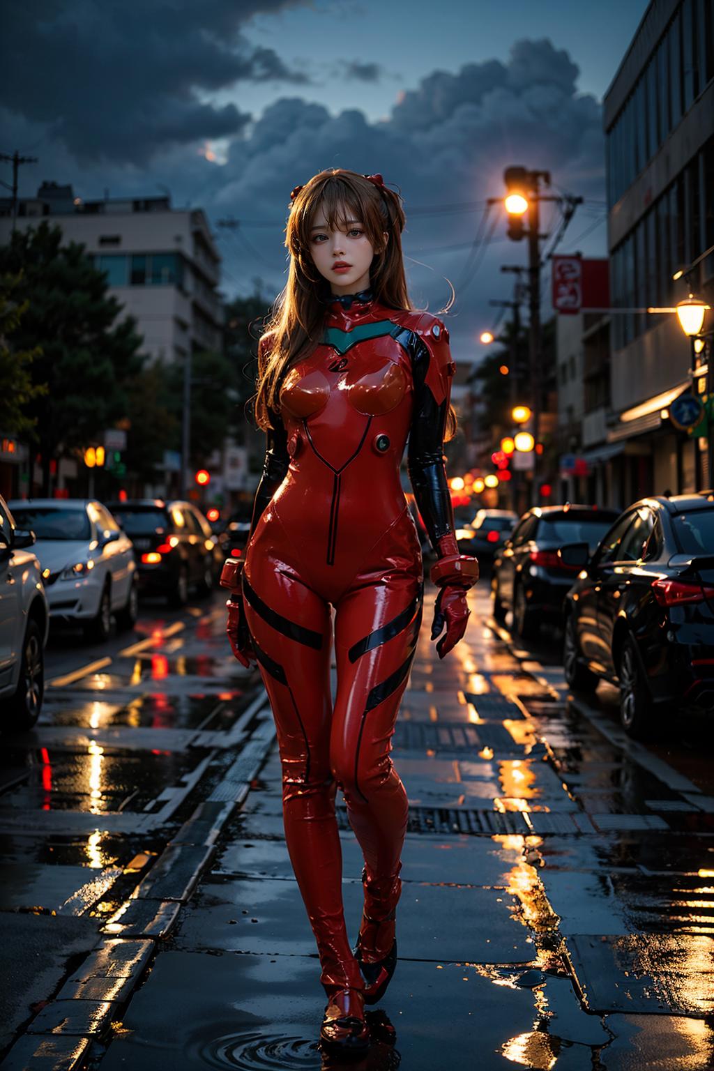 Arafed woman in red latex walking down a wet street - SeaArt AI