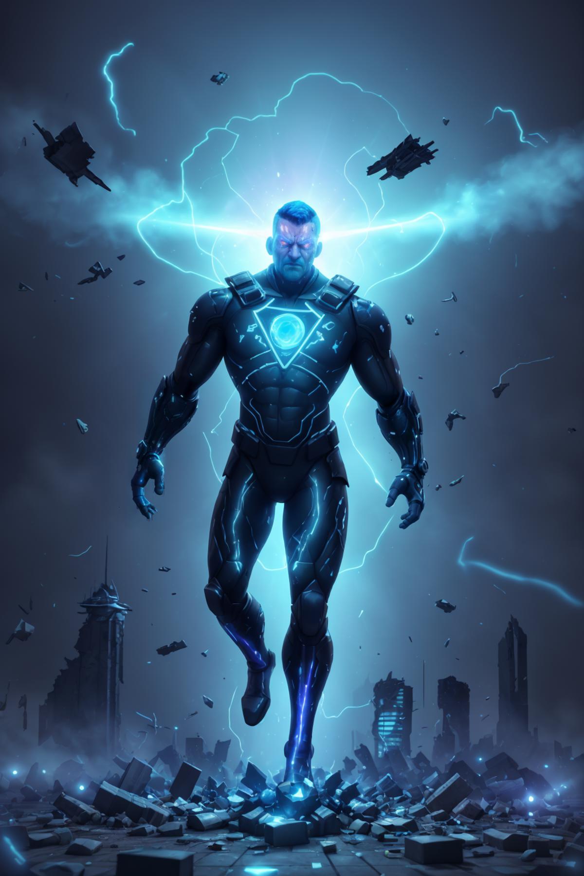 A man in a suit with lightning coming out of his chest - SeaArt AI