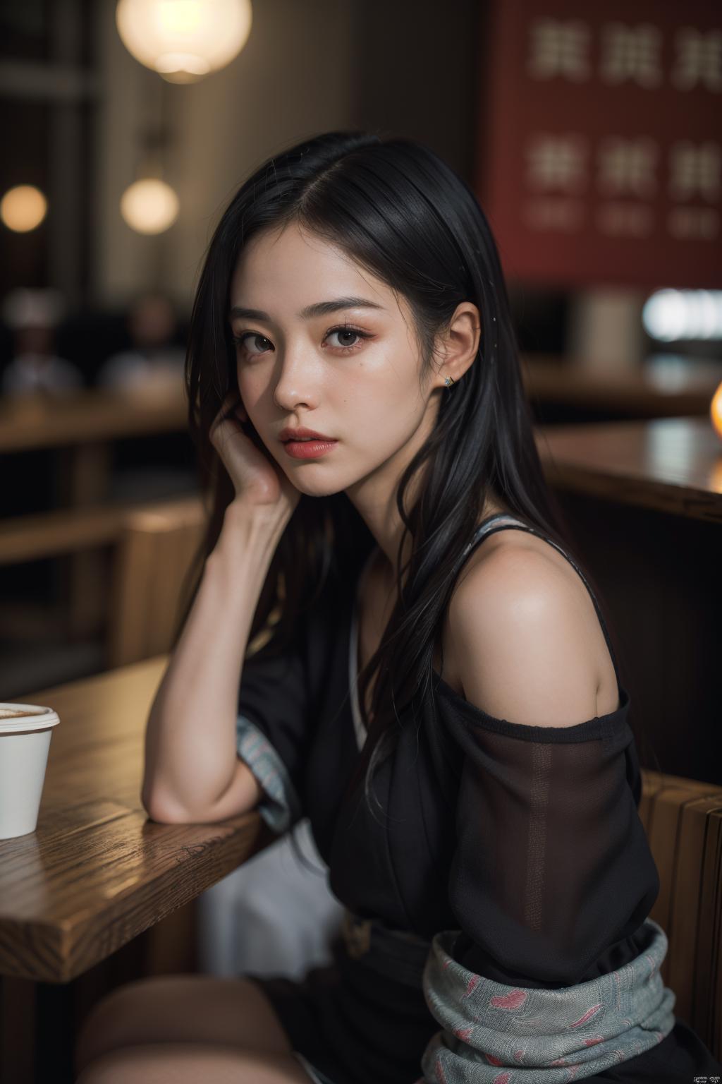 A woman sitting at a table with a cup of coffee - SeaArt AI