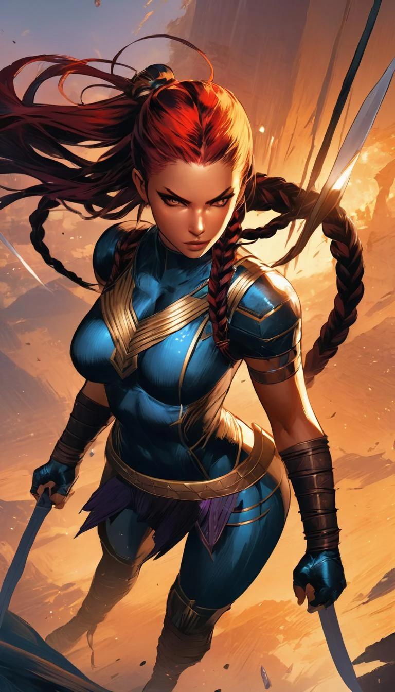 Amazon fighter, armor, fight, multicolored mixed colored hair, braids - SeaArt AI