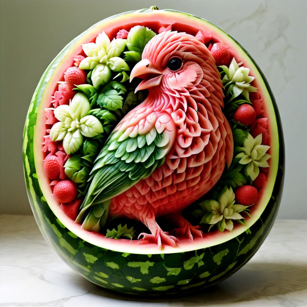 There is a watermelon with a bird carved into it - SeaArt AI