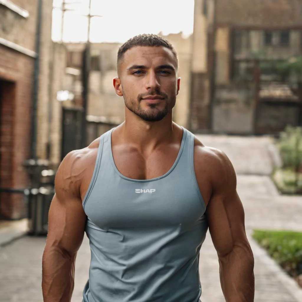 A man in a blue tank top standing on a street - SeaArt AI
