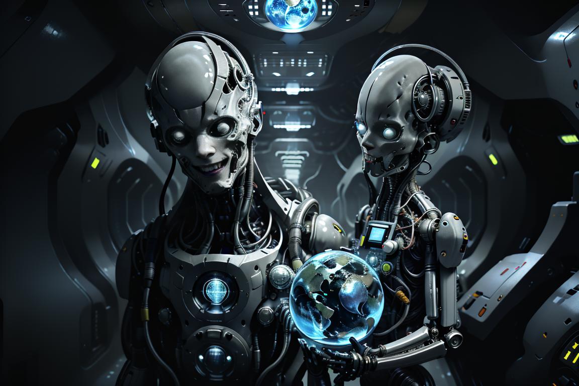 Two robots are standing in a futuristic space with a glowing orb ...