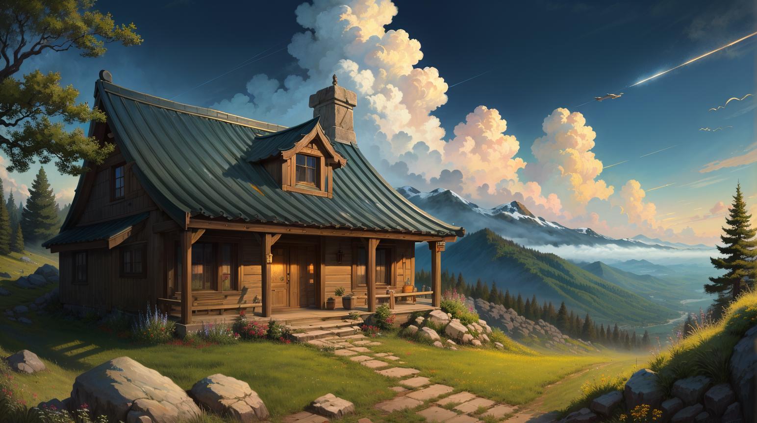 A painting of a cabin in the mountains with a view of the mountains ...