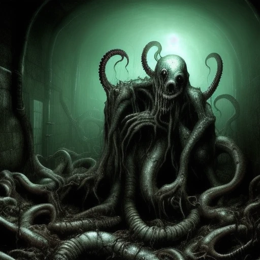 Action shot of terrifying beast eldritch with wet black skin chasing ...