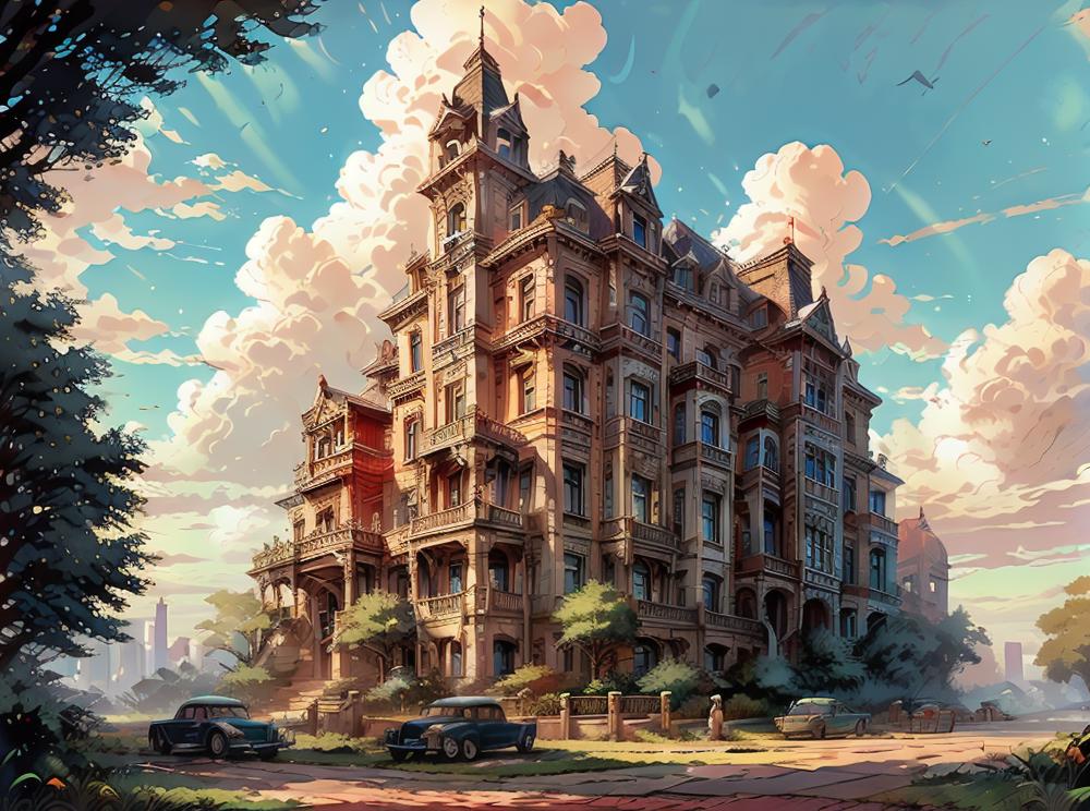 A painting of a large building with a clock tower on top of it - SeaArt AI