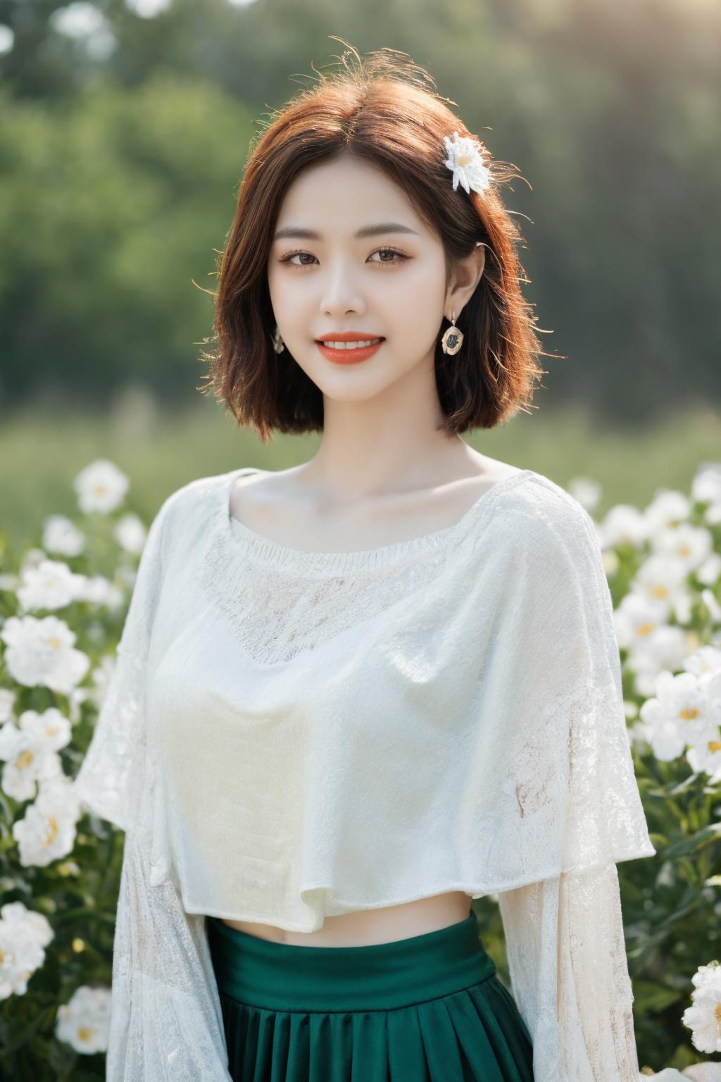 A woman in a white top and green skirt standing in front of flowers - SeaArt AI