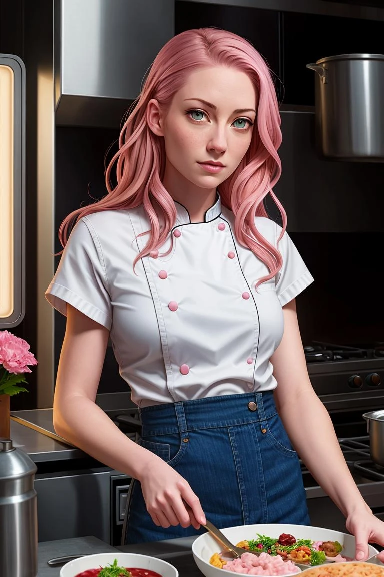 woman, solo, chef, pink hair, light pink eyes - SeaArt AI