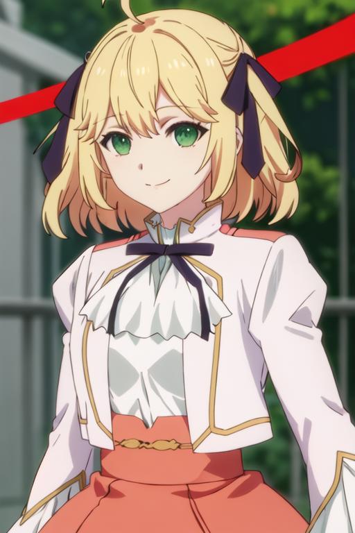 A woman in a white shirt and red skirt standing in front of a building - SeaArt AI