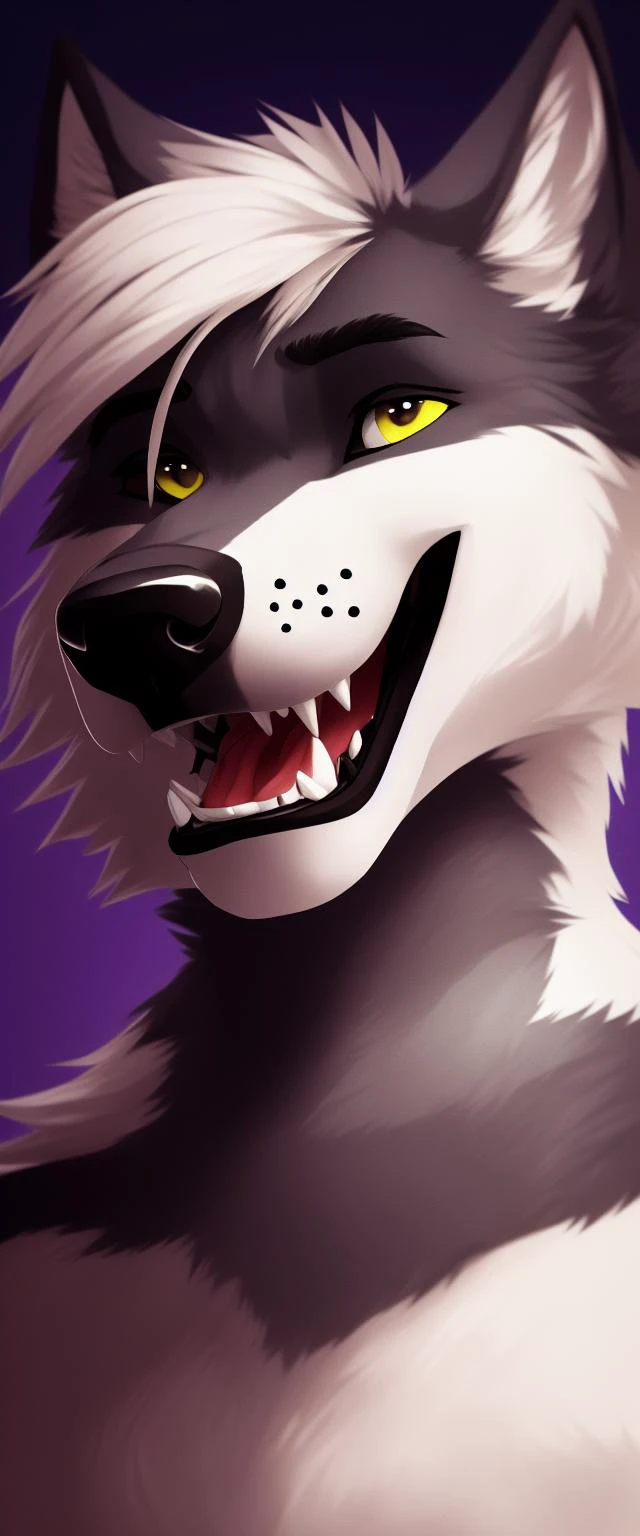 A close up of a furry animal with yellow eyes and a purple background ...