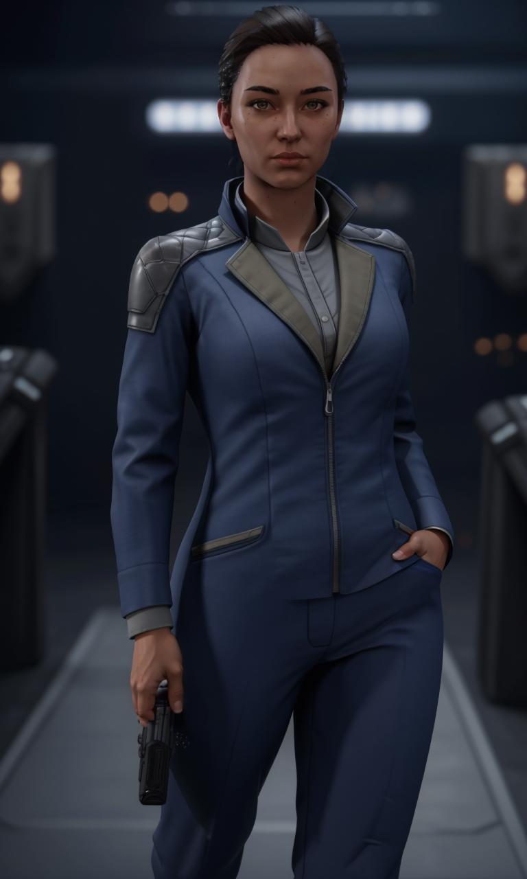 A woman in a blue suit and a gun stands in a dark room - SeaArt AI