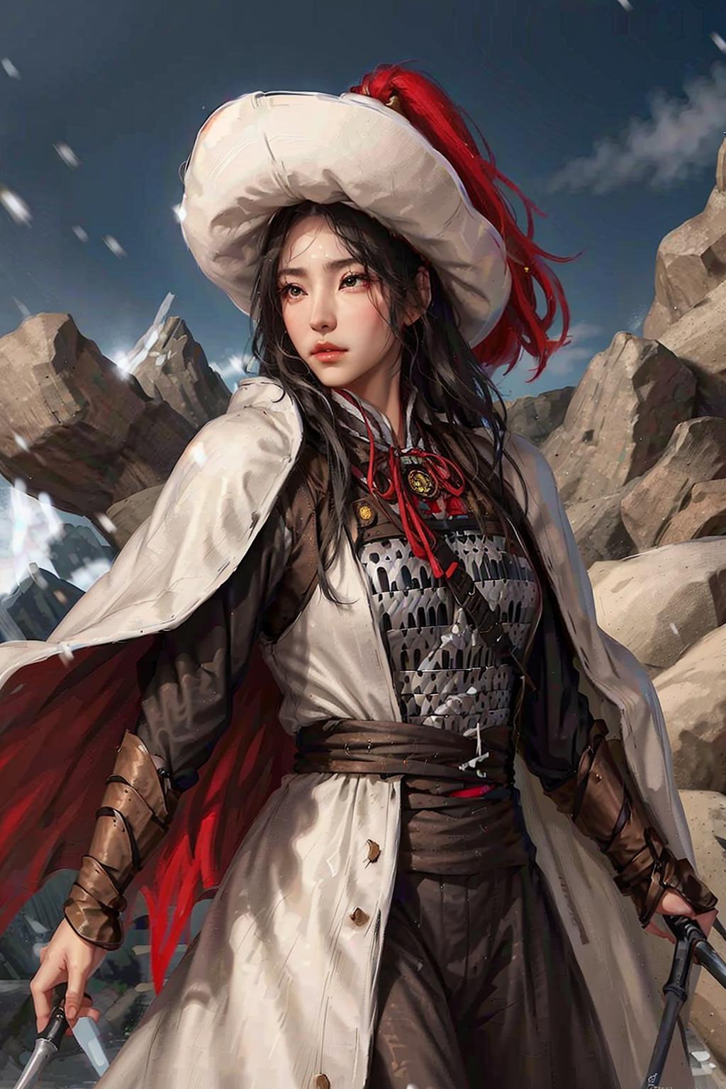 A woman in a white hat and red cape holding a sword - SeaArt AI