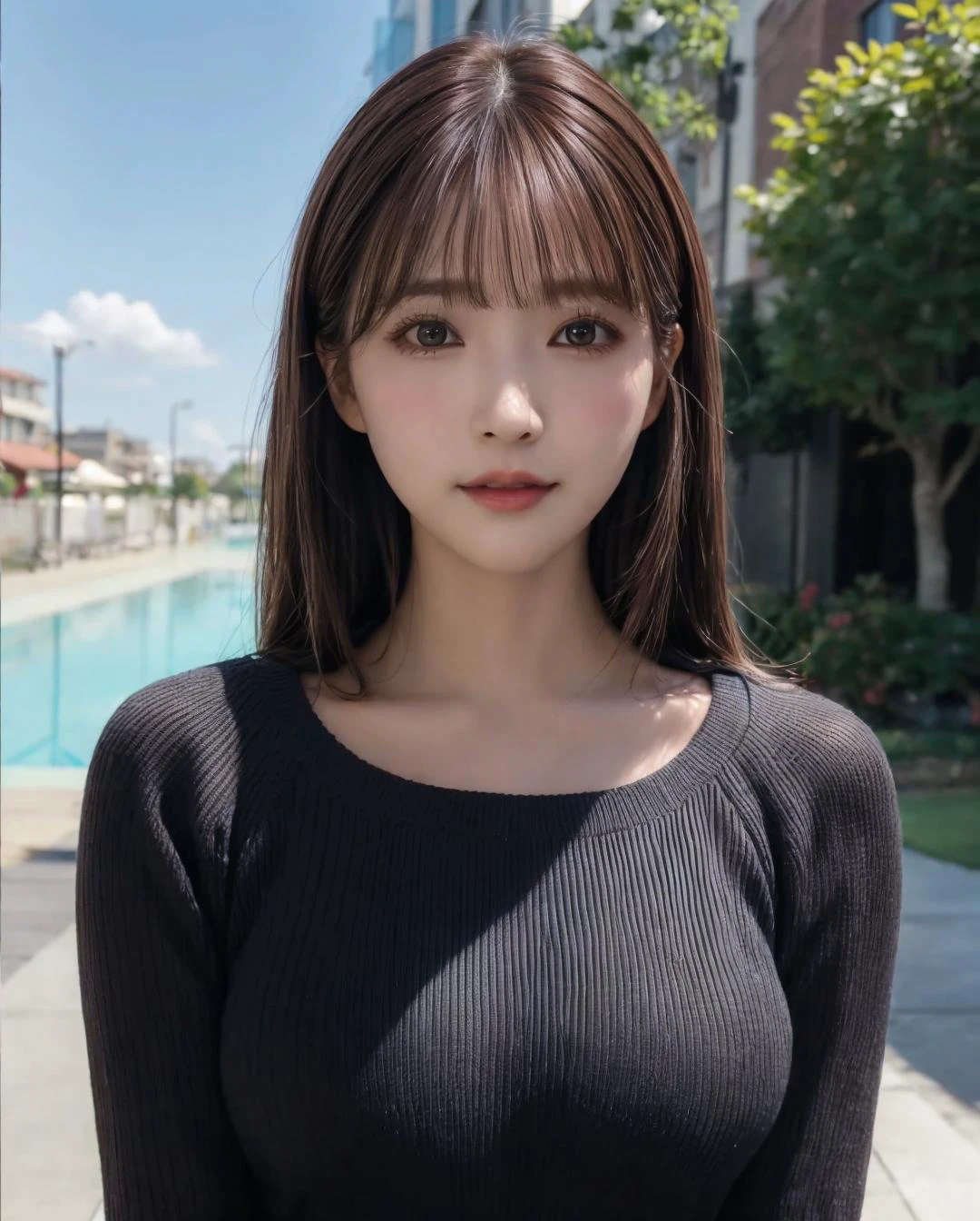 A woman with long hair and a black top standing in front of a pool - SeaArt AI
