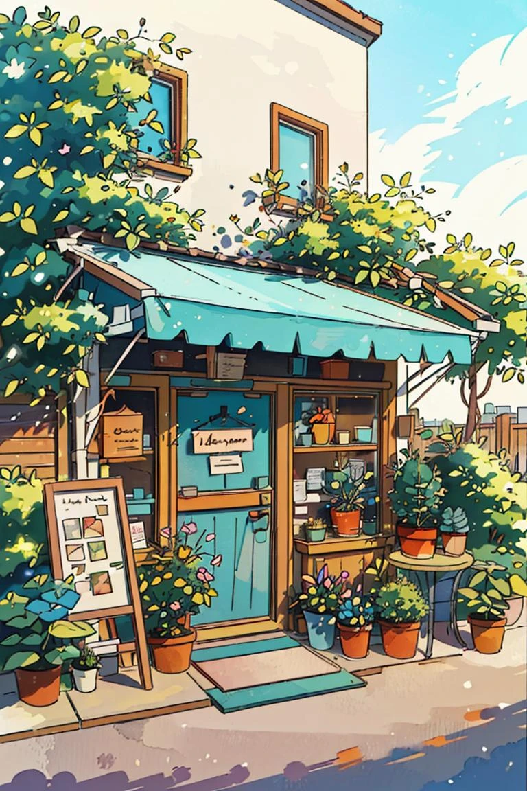 Illustration of a small store with a blue awning and a sign - SeaArt AI