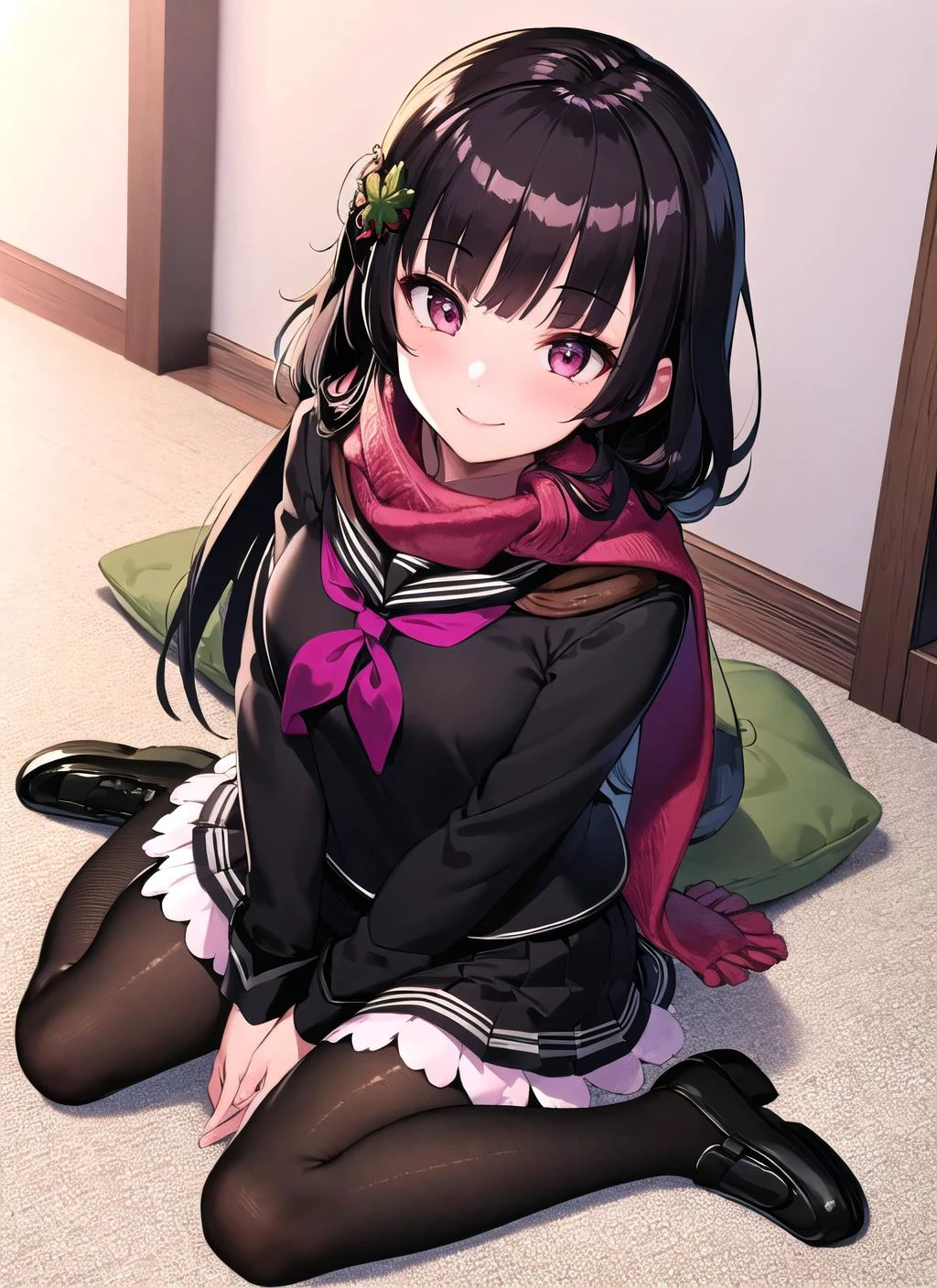 Anime girl sitting on the floor with her legs crossed - SeaArt AI