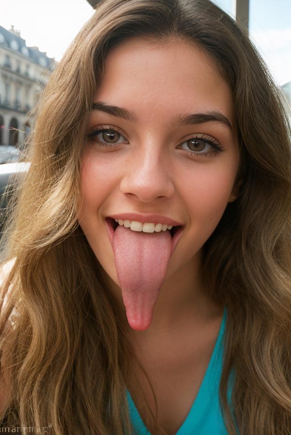 Arafed woman with long hair sticking out her tongue - SeaArt AI