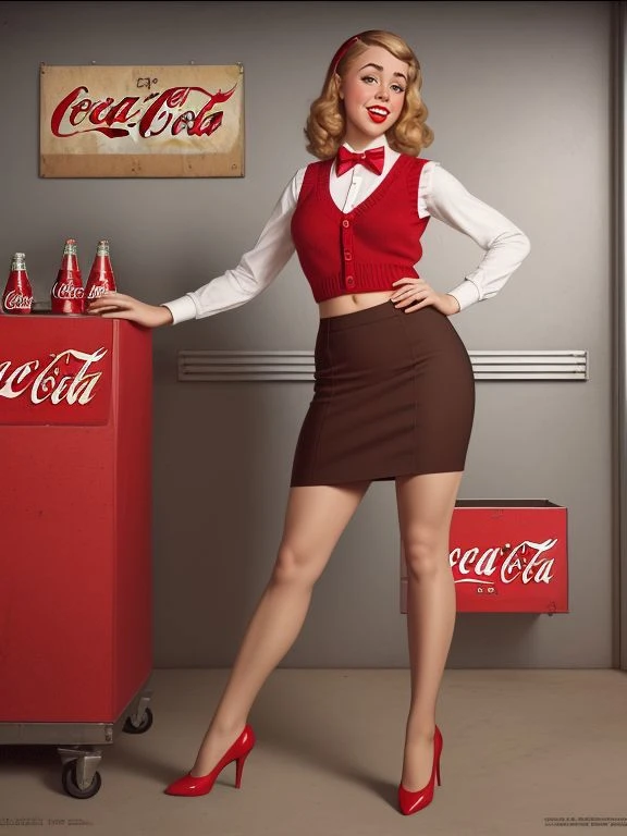 A woman in a red vest and skirt standing next to a coca cola cooler ...