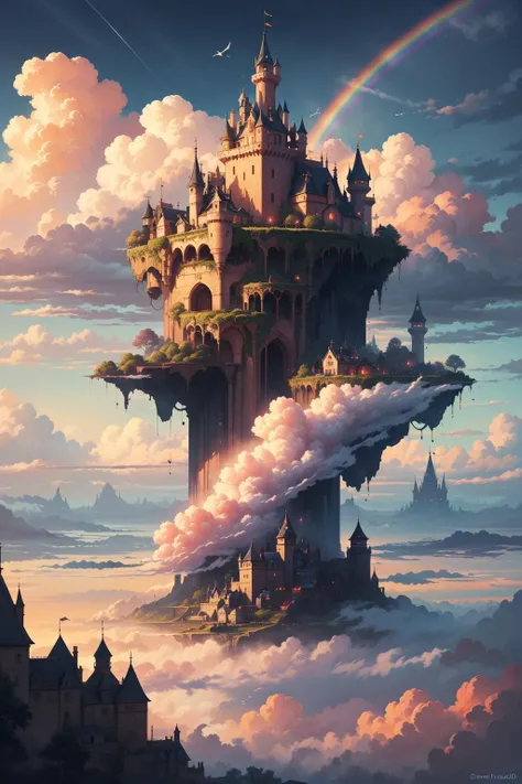 castillo anime flotando en el cielo con una puesta de sol de fondo ...