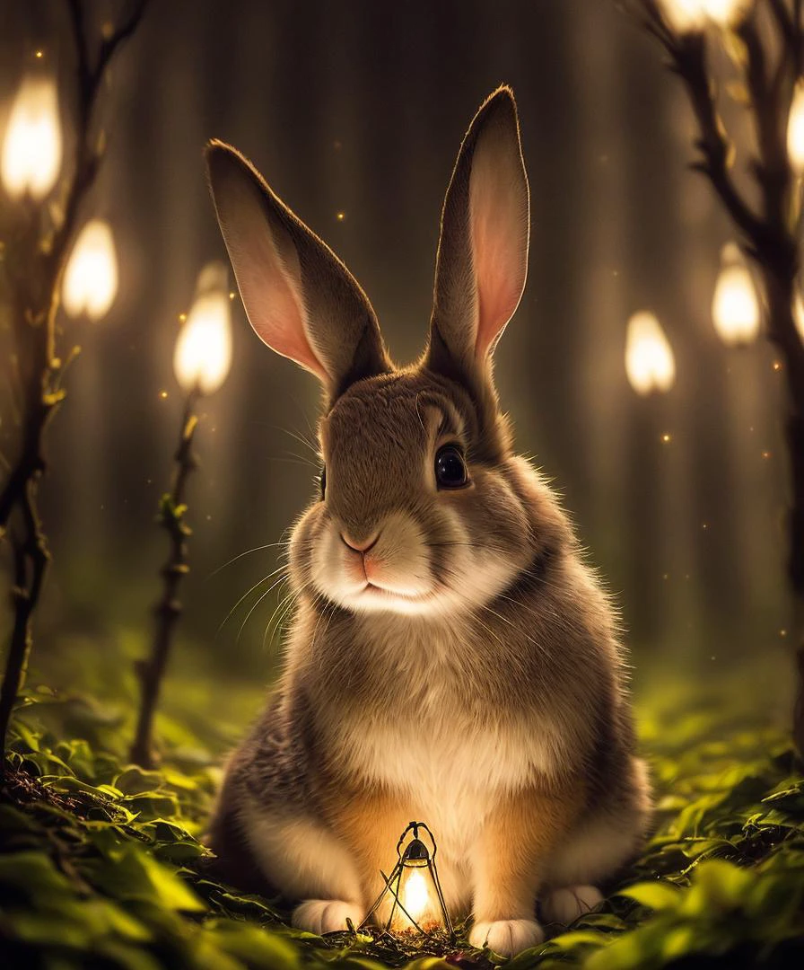close up photo of a rabbit in an enchanted forest, nighttime, fireflies ...