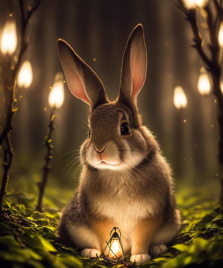 close up photo of a rabbit in an enchanted forest, nighttime, fireflies ...