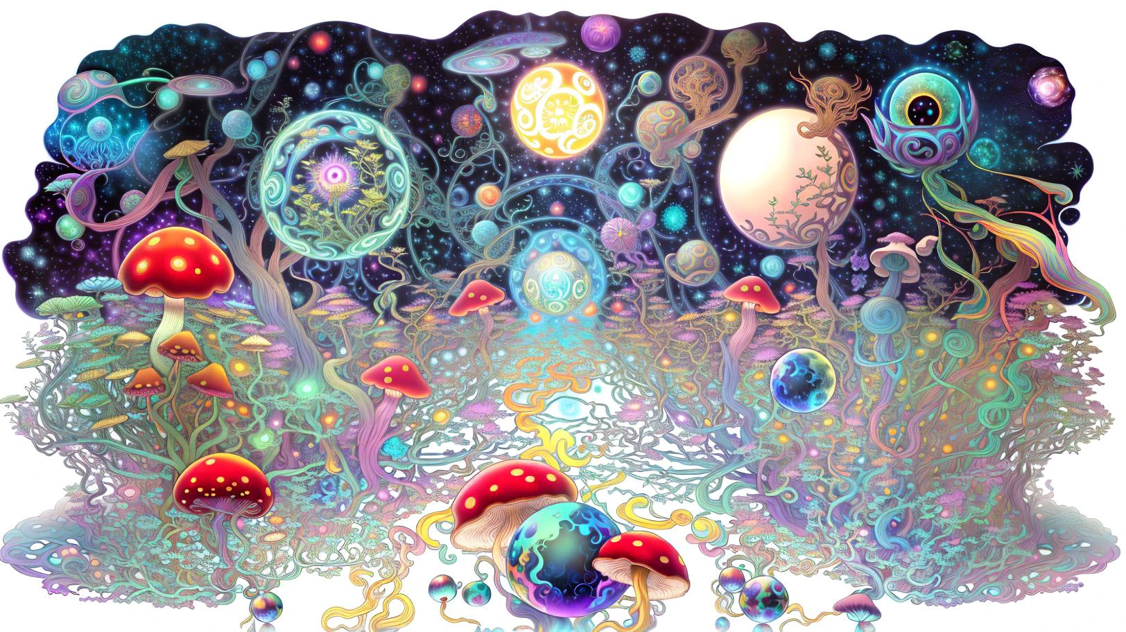 illustrations of cosmic scenes on a white background that blend ...