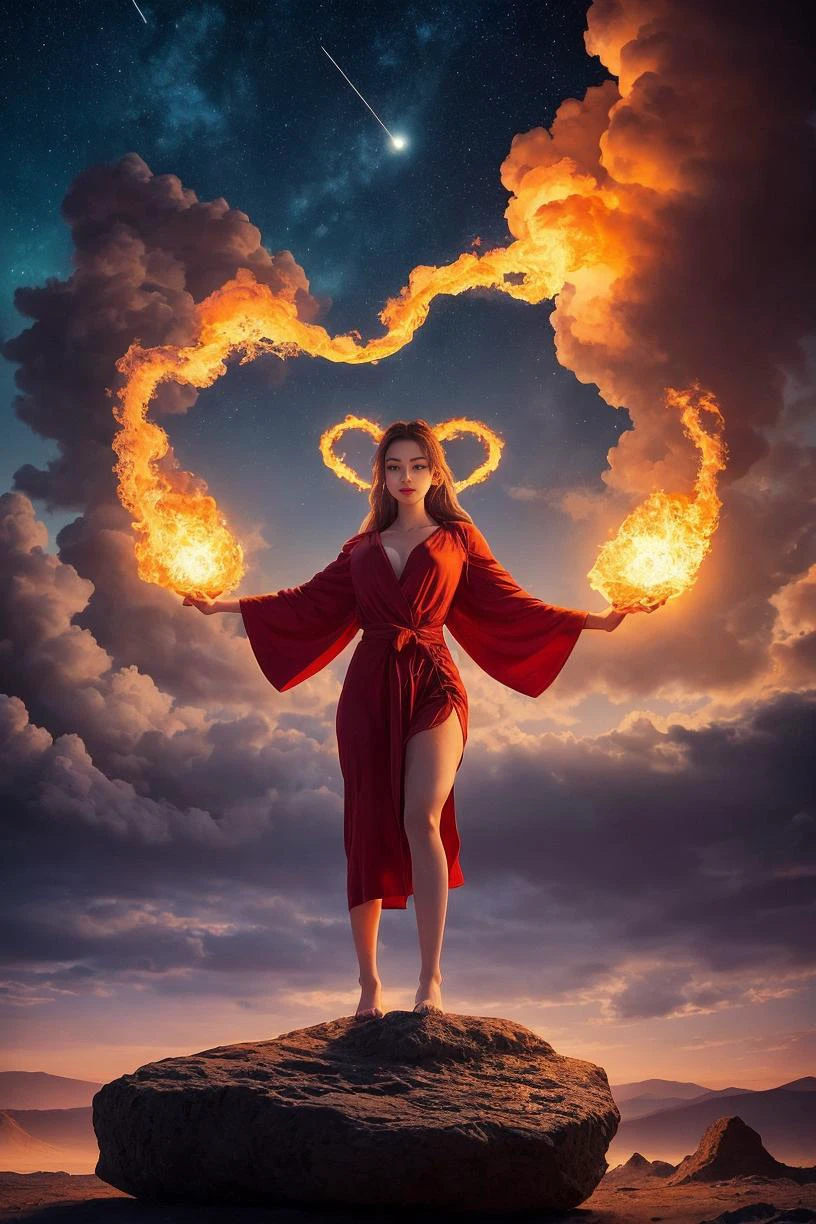 Create a nocturnal artwork depicting a beautiful goddess standing on a ...