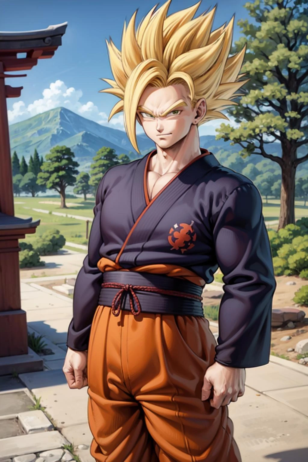 ssj2, 1boy, yellow hair, green eyes,standing - SeaArt AI