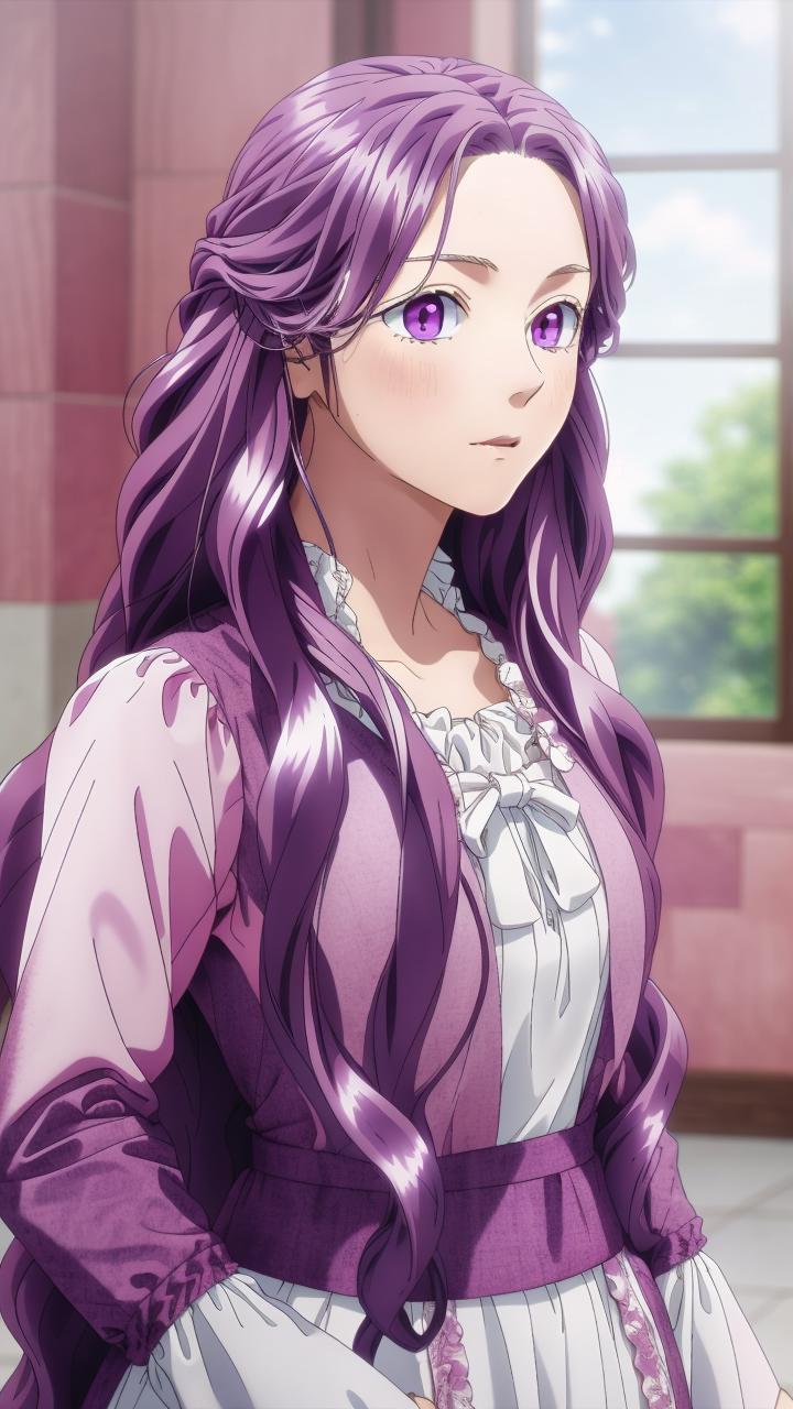 A woman with long purple hair and purple dress standing in front of a window - SeaArt AI