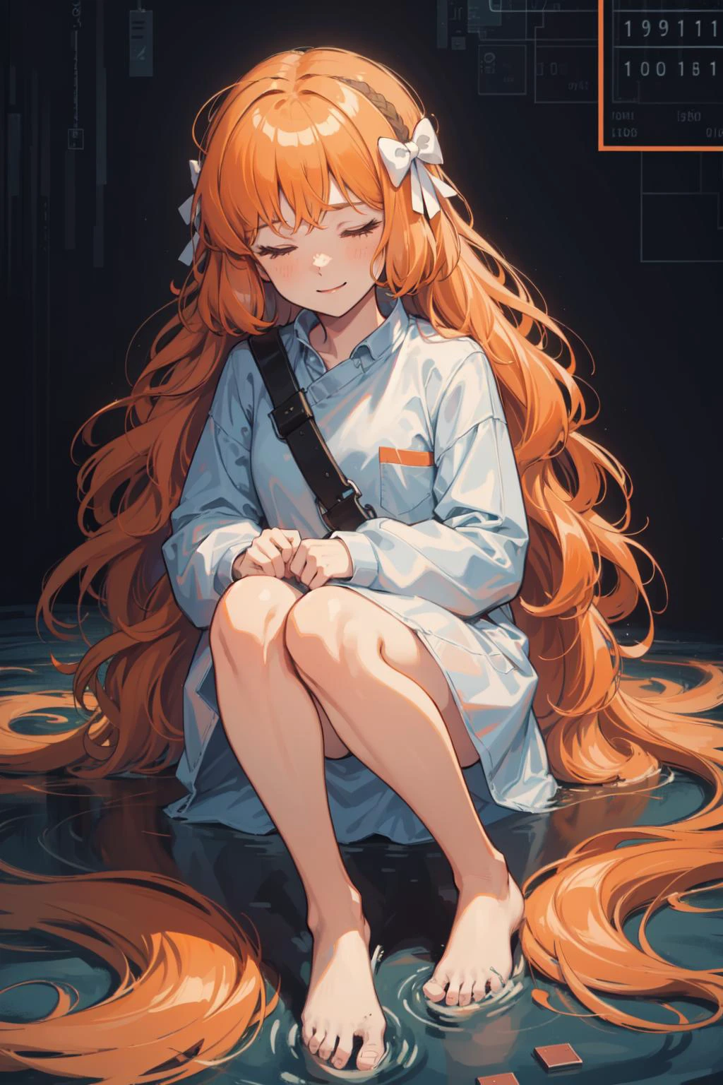 A close up of a person sitting on a floor with long hair - SeaArt AI