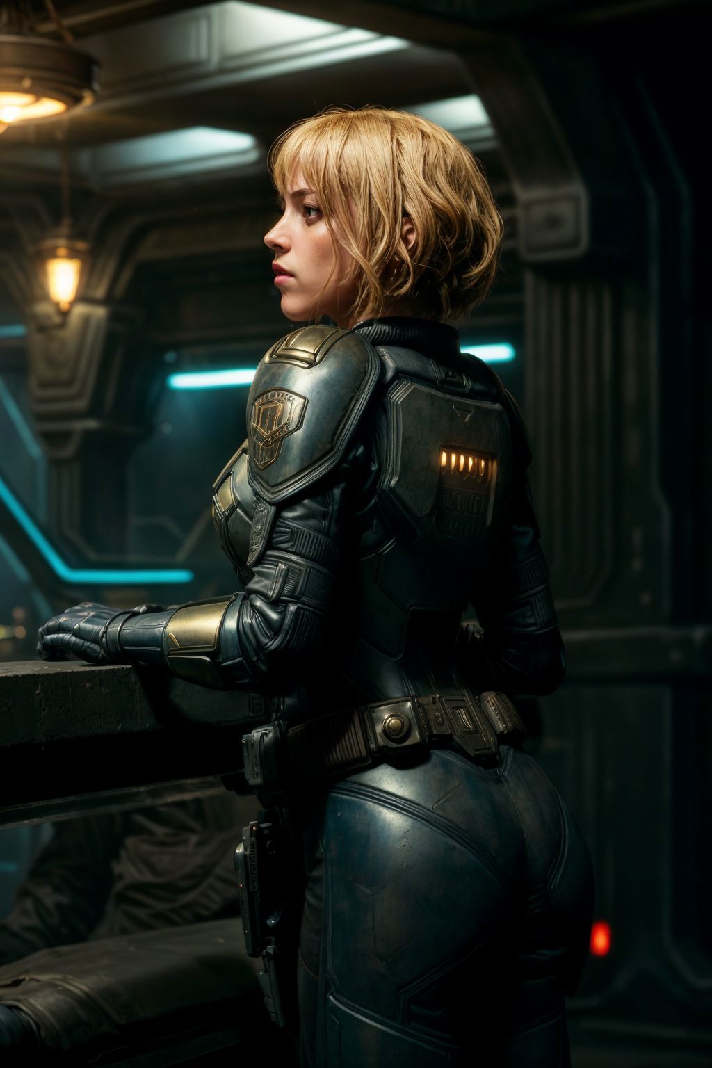 A Woman In A Futuristic Suit Standing In Front Of A Bar Seaart Ai