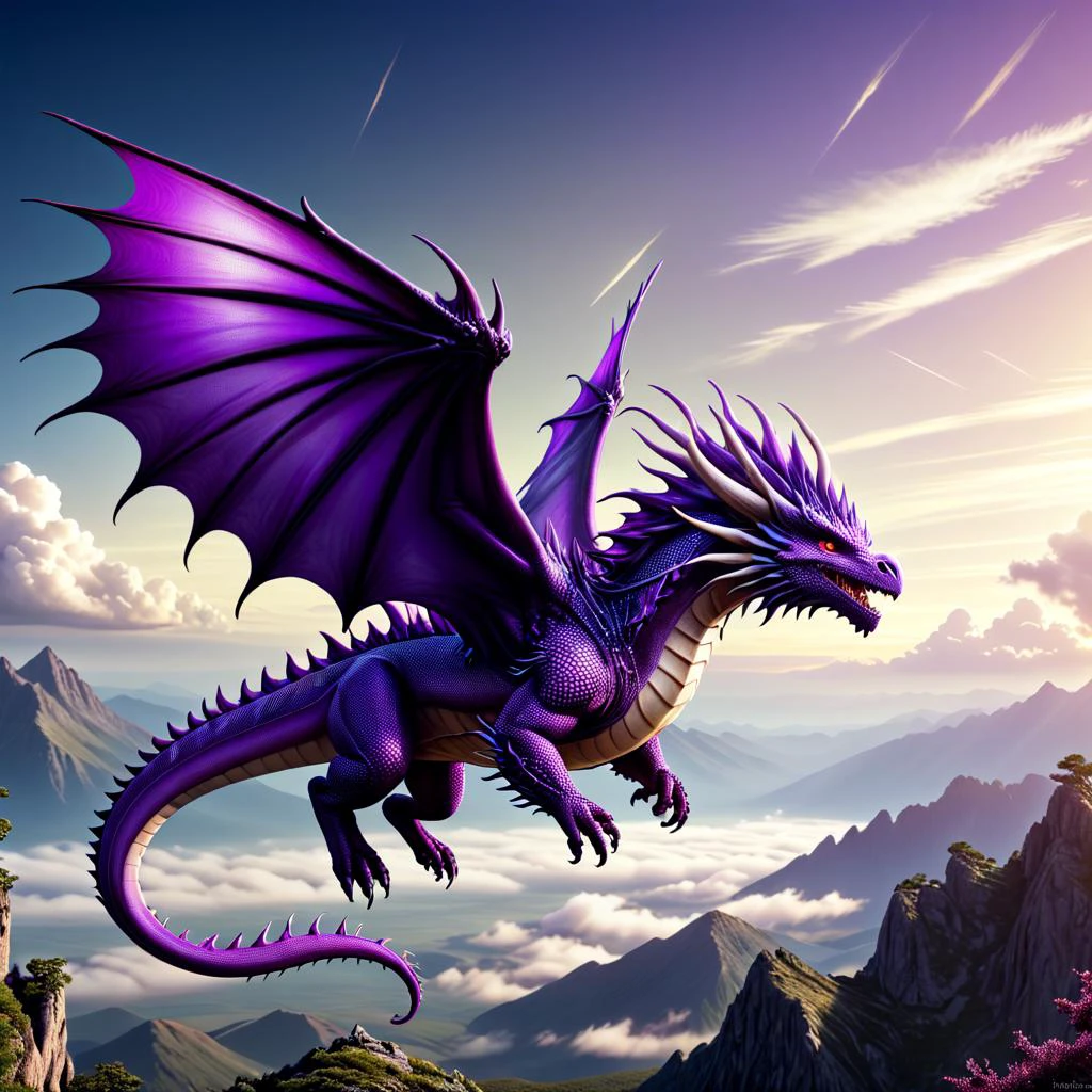 Purple dragon flying over a mountain range with a beautiful sky - SeaArt AI