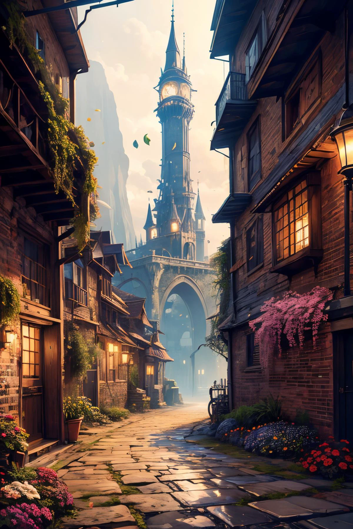 A view of a street with a clock tower in the background - SeaArt AI