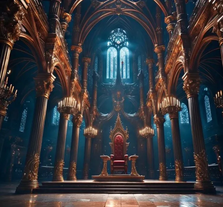 A large throne in a dark room with a chandelier and chandelier - SeaArt AI