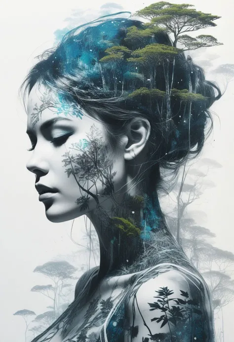 A woman with a tree on her head and a sky background - SeaArt AI