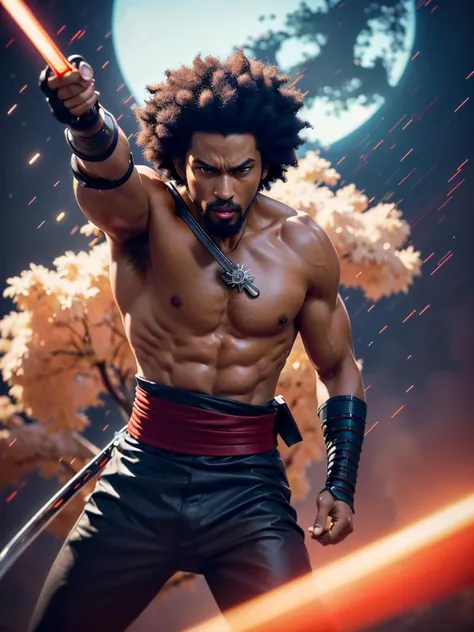 A highly detailed anime illustration, medium shot, Afro Samurai ...