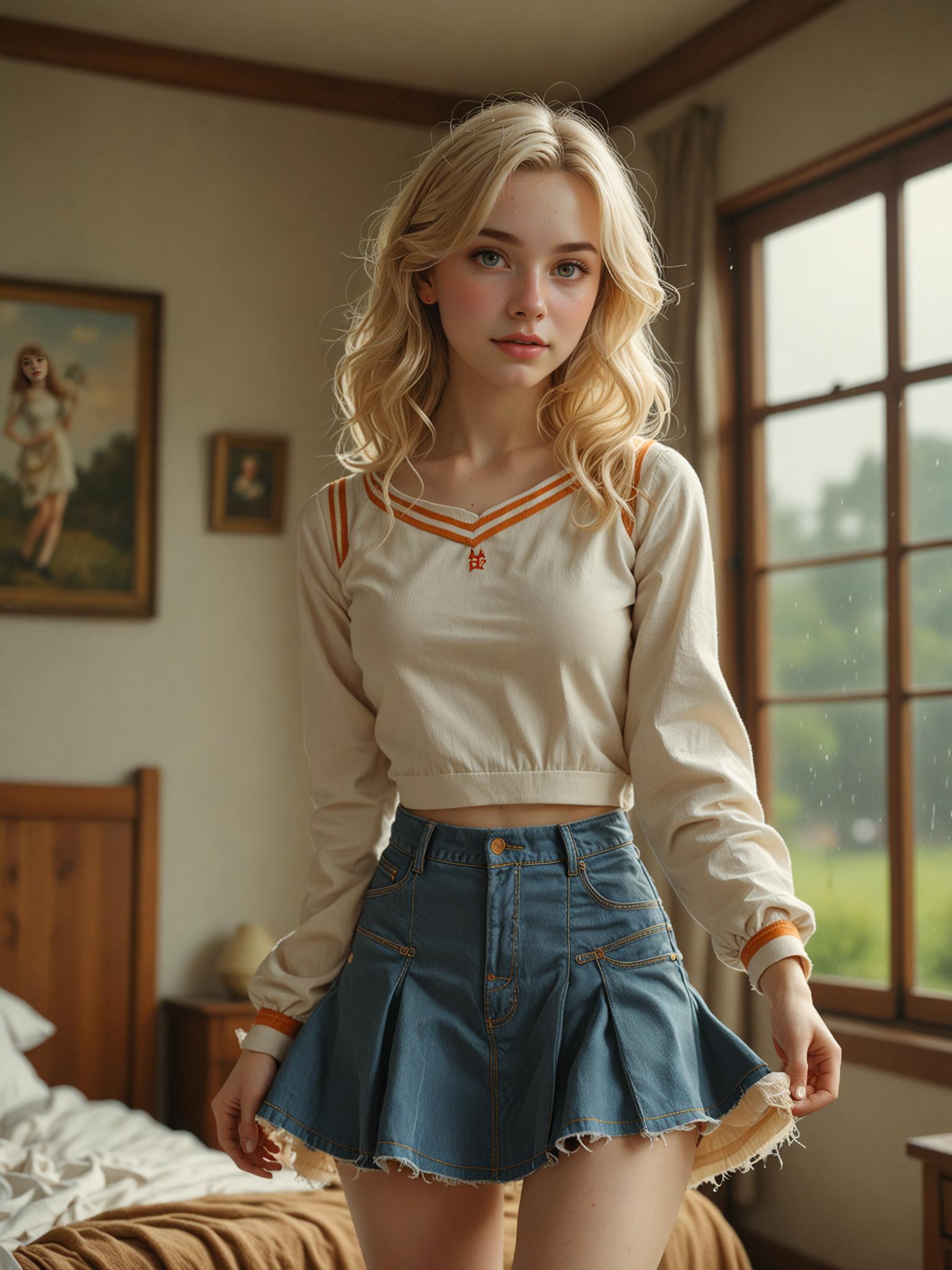 Arafed woman in a skirt and shirt standing in a bedroom - SeaArt AI